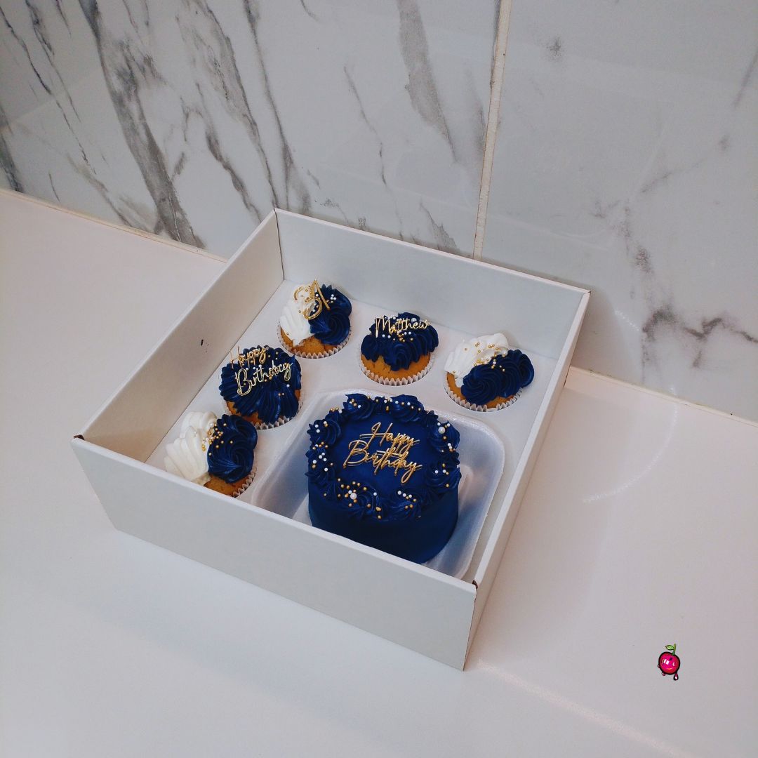 Navy Blue White Bento Cake Cupcakes with Plaque – Sugarplum Treats SA